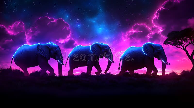 Neon Elephants Walking in Vibrant Night Sky Stock Illustration ...