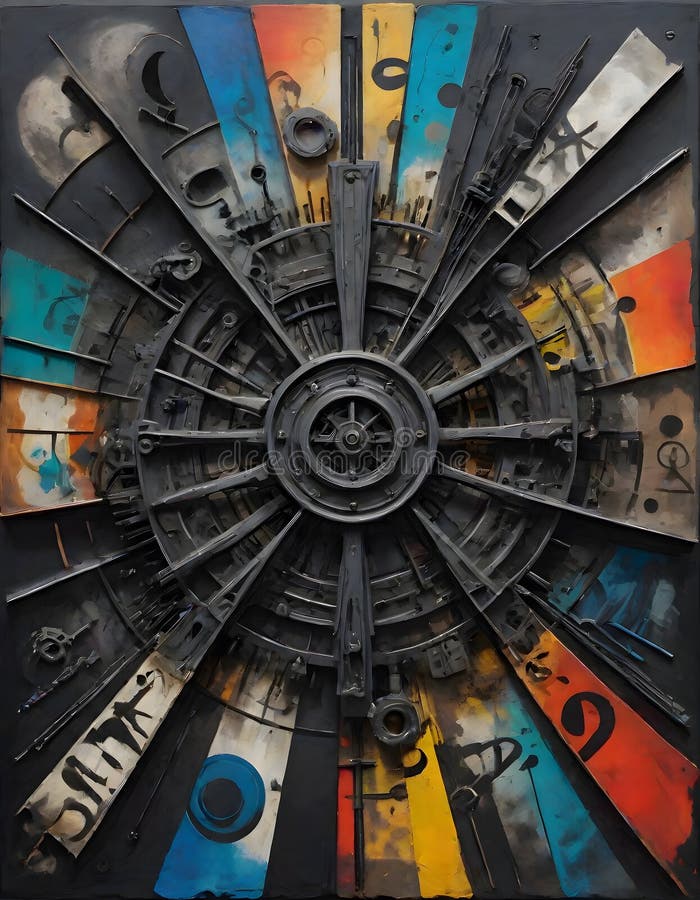 Vibrant Artwork Featuring an Array of Mechanical Elements and Circular ...