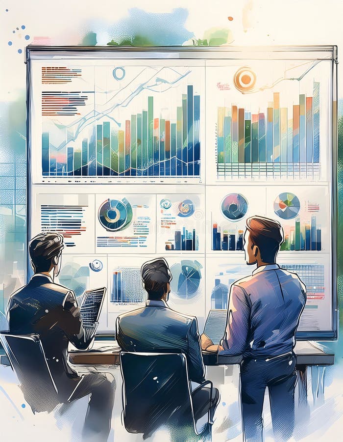 Vibrant Artwork of Professionals Analyzing Data on a Large Screen Stock Illustration ...