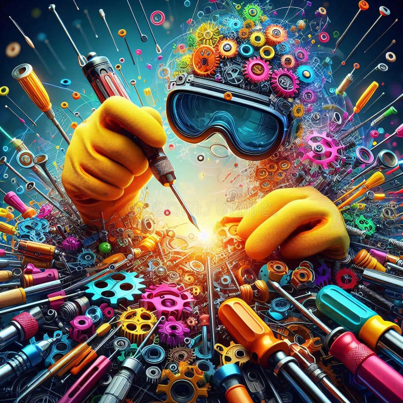 Vibrant Artwork of a Robotic Hand Welding with Dynamic Gears and Tools ...