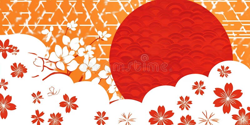 Vibrant Asian Inspired Design Red Sun Cherry Blossoms and Geometric ...