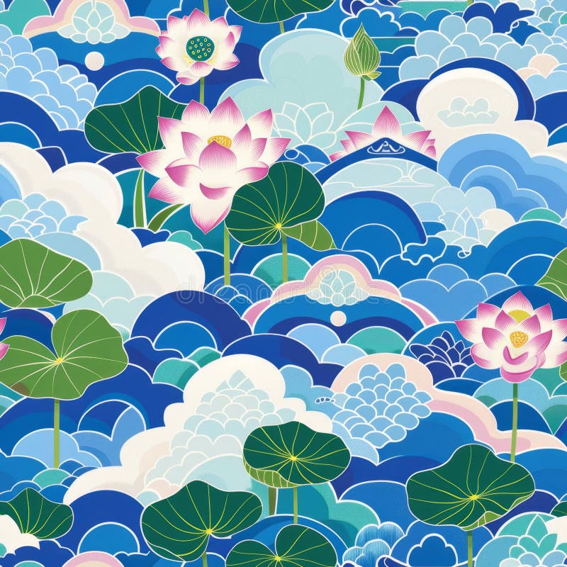 Vibrant Asian-Inspired Lotus and Clouds Pattern Design Stock Image ...