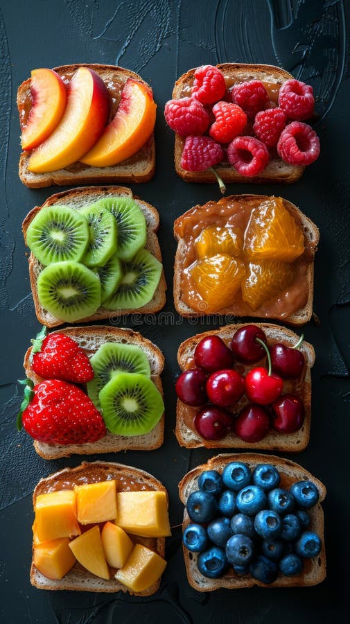 Vibrant Assorted Fruit Topped Toasts on Black Background , Healthy ...