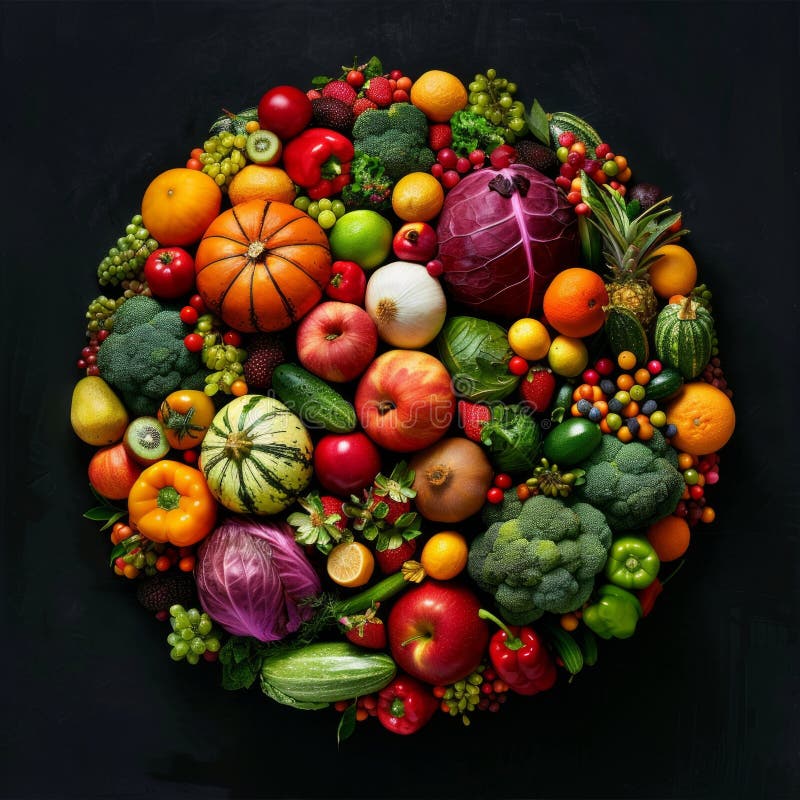 Vibrant Assorted Fruits and Vegetables Arranged in a Circular Pattern ...