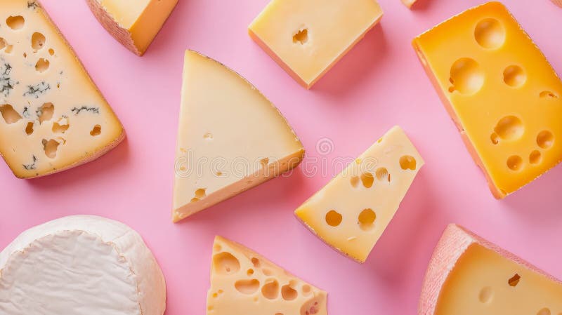 A Vibrant Assortment of Cheese Varieties Arranged on a Pink Background ...