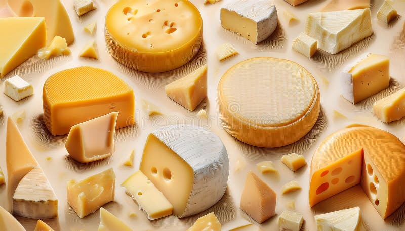 A Vibrant Assortment of Cheeses Features Rounded, Sliced, and Wedge ...