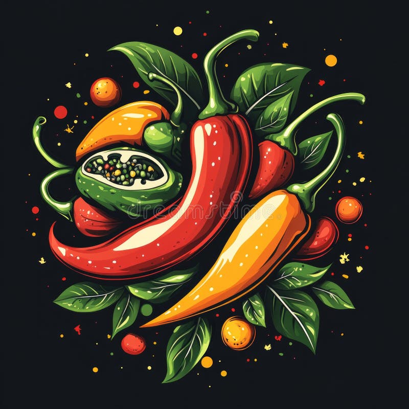 Vibrant Assortment of Colorful Chili Peppers with Green Leaves Stock ... Vibrant Assortment of Colorful Chili Peppers with Green Leaves Stock ...