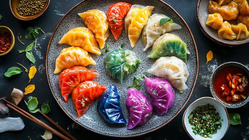 Colorful Dumplings Arranged Artistically on a Plate Showcasing Diverse ...