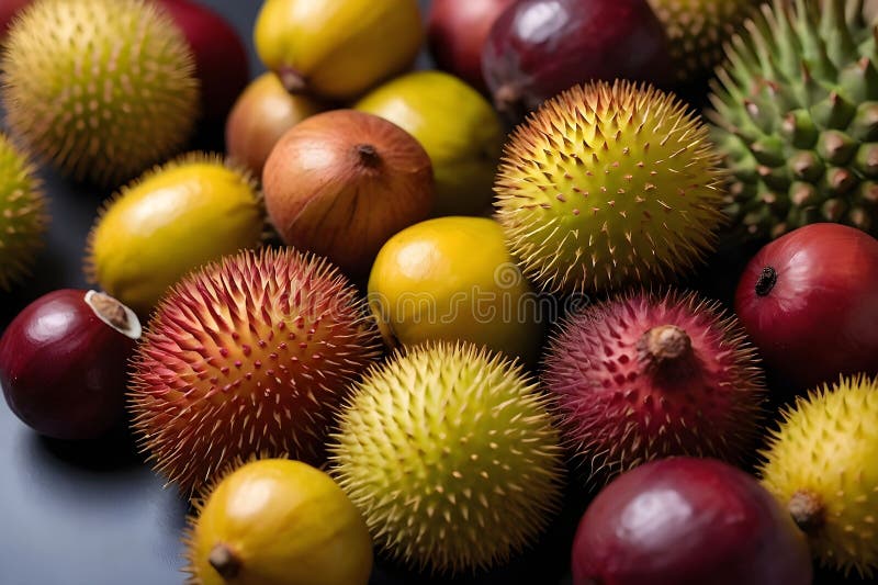 Various Exotic Fruits Arranged on a Dark Surface Showcasing Unique ...