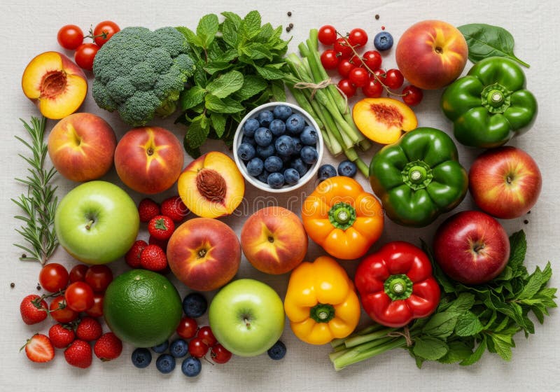 Vibrant Assortment of Fresh Fruits and Vegetables Stock Illustration ...