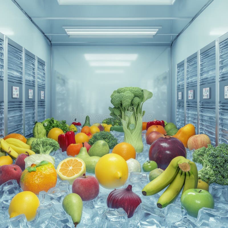 Vibrant Assortment of Fresh Fruits and Vegetables in Cold Storage Stock ...