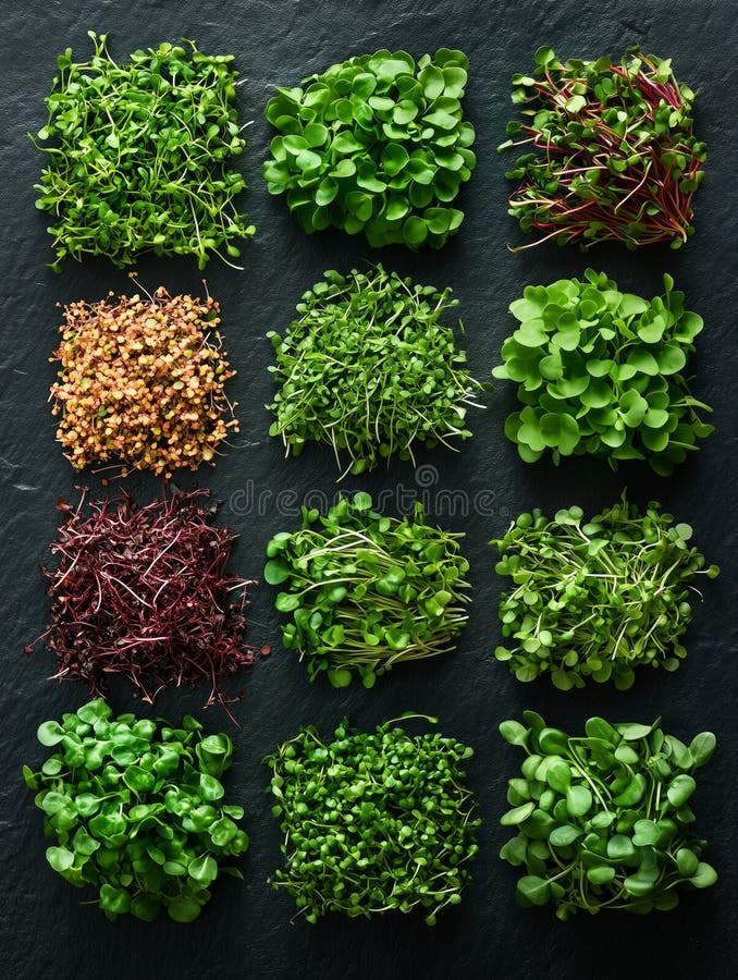 Vibrant Assortment of Fresh Microgreens on Dark Textured Background ...