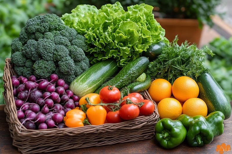 Vibrant Assortment of Fresh Vegetables in a Woven Basket Stock ...