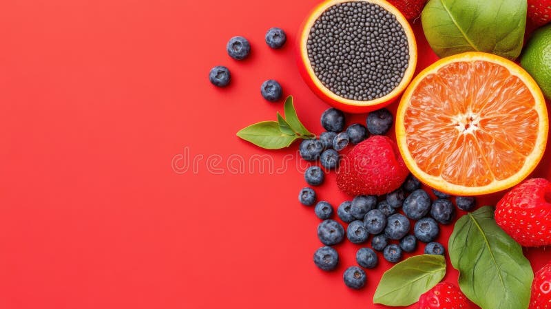 A Vibrant Assortment of Fruits and Berries Rests on a Striking Red ...
