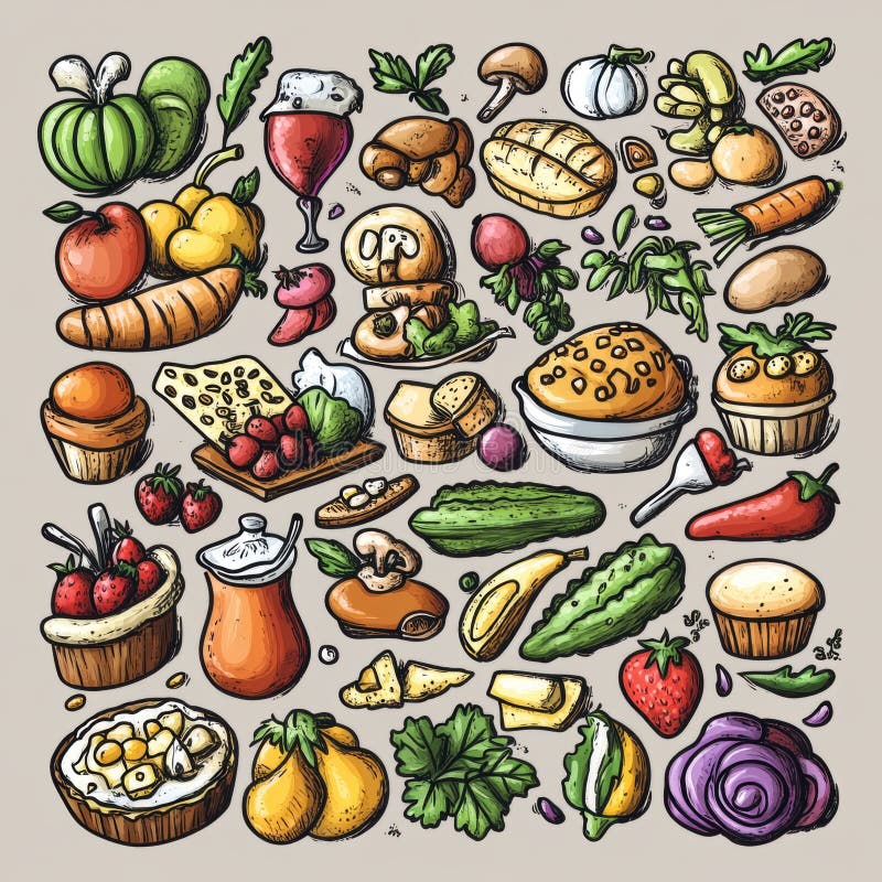 Vibrant Assortment of Hand-drawn Food Items and Ingredients Stock ...