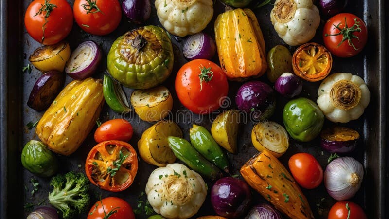 A Vibrant Assortment of Roasted Vegetables on a Baking Tray, Showcasing ...