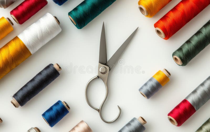 Vibrant Assortment of Sewing Threads and Metal Scissors Arranged on ...