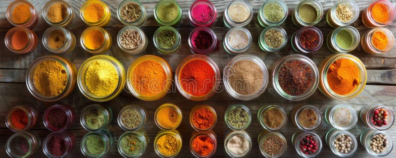 A Vibrant Assortment of Spices in Small Glass Jars, Arranged in a ...