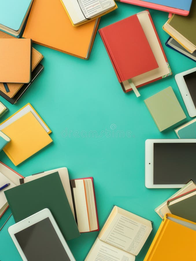 A Vibrant Assortment of Tablets and E-books Scattered on a Teal ...