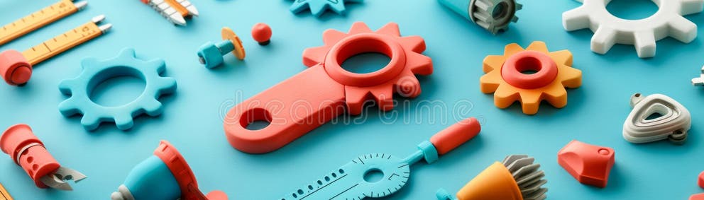 Vibrant Assortment of Toy Tools and Cogs on a Blue Background, Concept ...