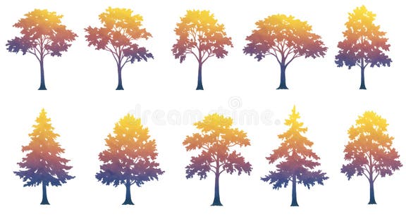 Vibrant Assortment of Trees with Multicolored Gradients on a White ...