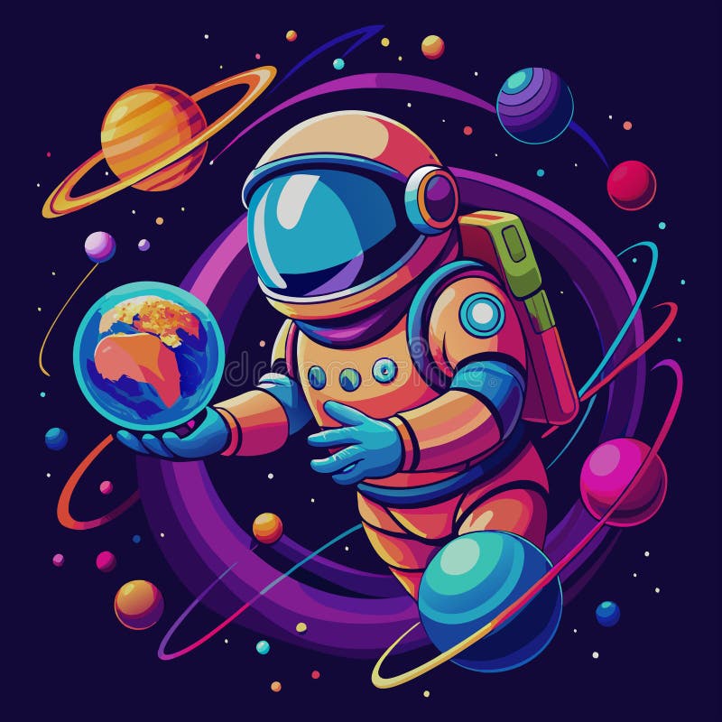 A Vibrant Astronaut Floating in Space, Holding a Glowing Planet with ...
