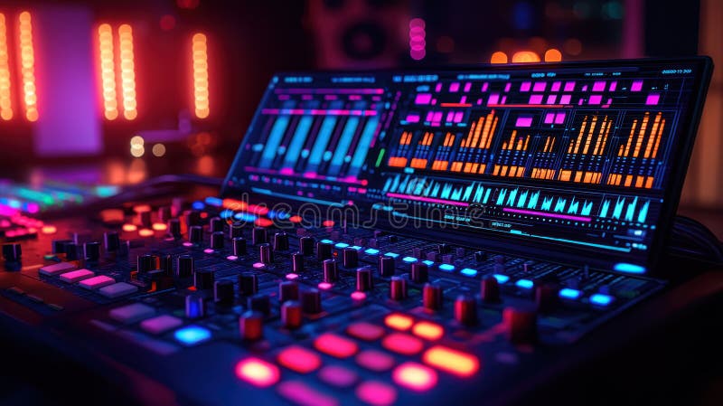 Vibrant Audio Mixing Console with Colorful LED Lights and Digital Sound ...