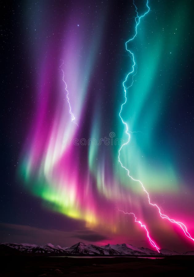 Vibrant Aurora Borealis with Lightning Strikes Stock Illustration ...