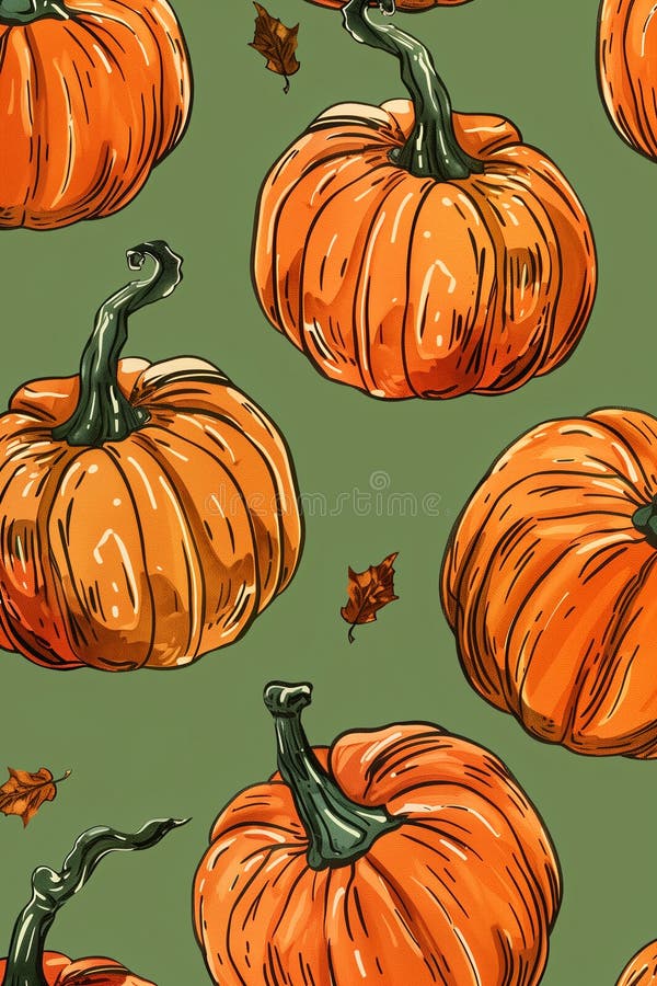 Vibrant Autumn Abstract Pattern with Pumpkins on Green Background Stock ...