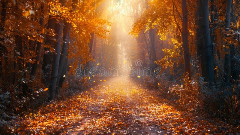 Vibrant Autumn Forest Path, Fallen Leaves, Soft Sunlight, Realistic ...