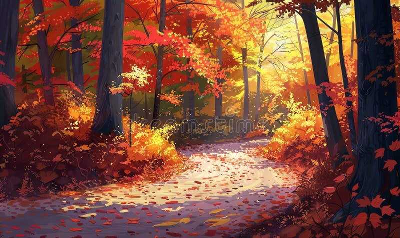 Vibrant Autumn Forest Path. Scenic Fall Landscape Painting Stock Photo ...