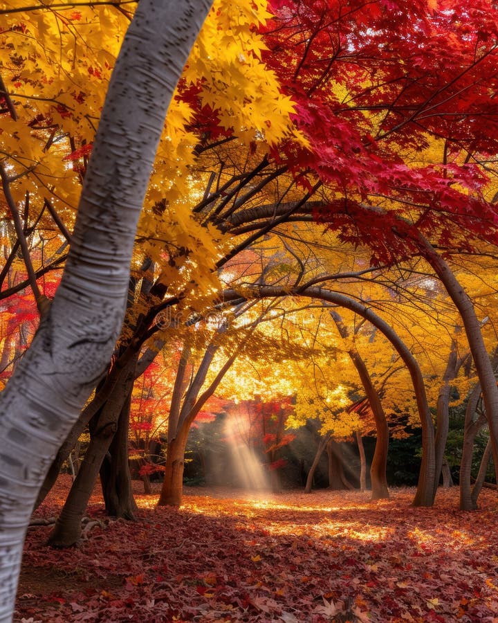Vibrant Autumn Forest Path with Sunlight Streaming through Stock ...