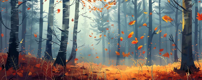 Vibrant Autumn Forest Scene with Falling Leaves, Digital Art Stock ...
