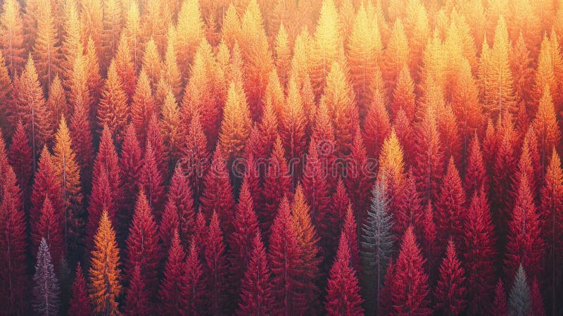 Vibrant Autumn Forest with Sunlit Red and Orange Pine Trees in a ...