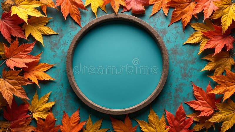 Vibrant Autumn Leaves Encircling Empty Space on Teal Background Stock ...