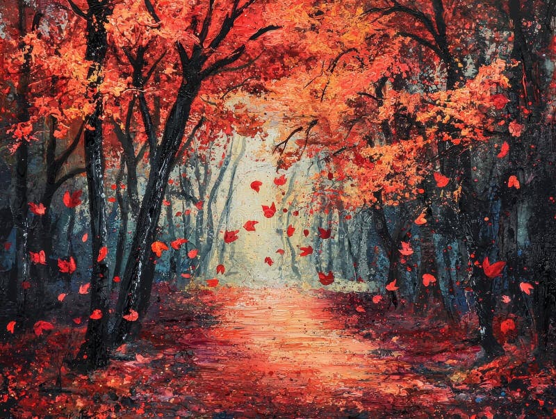 Vibrant Autumn Leaves Falling in a Forest Path Stock Illustration ...
