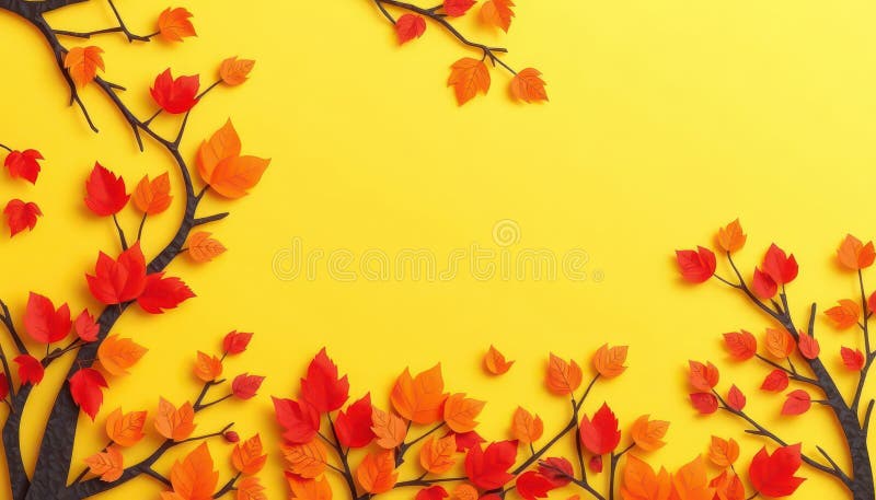 Vibrant Autumn Leaves Falling from a Paper Tree on Yellow Stock ...