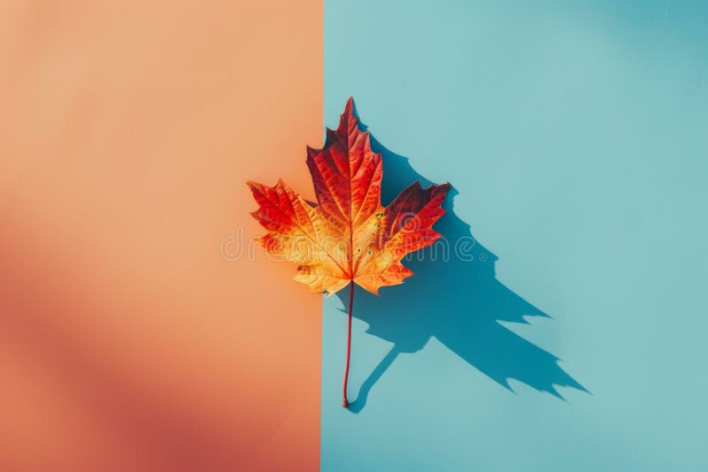 Vibrant Autumn Maple Leaf with Shadow on Dual Colored Background Stock ...