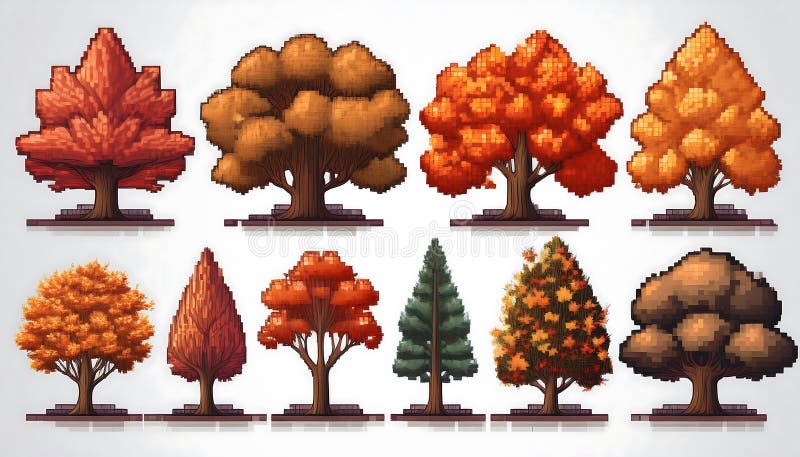 Vibrant Autumn Pixelated Tree Set - 16-bit Pixel Art Collection of ...