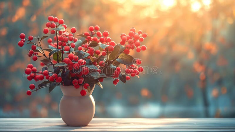 Vibrant Autumn Red Berries in Vase with Soft Sunlight Background Stock ...