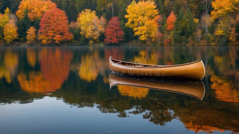 Vibrant Autumn Scene with Canoe Reflecting on Still Lake Stock Image ...