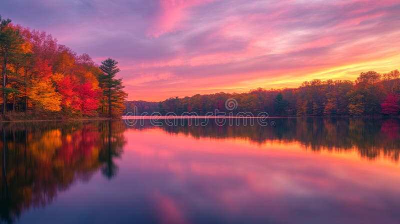 Vibrant Autumn Sunset Reflected in Still Lake Water Stock Illustration ...
