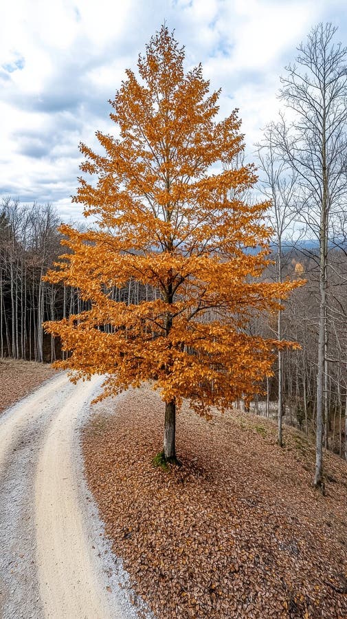 Vibrant Autumn Tree on Curved Dirt Path Surrounded by Bare Forest Under ...