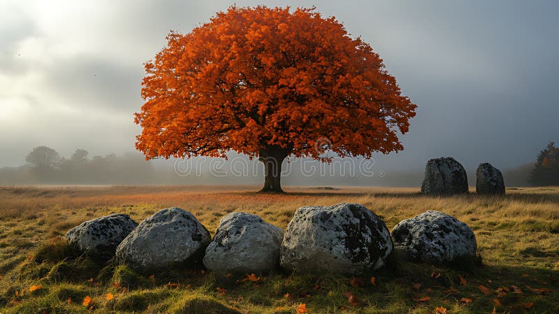 Vibrant Autumn Tree in Misty Field with Ancient Stones Stock ...