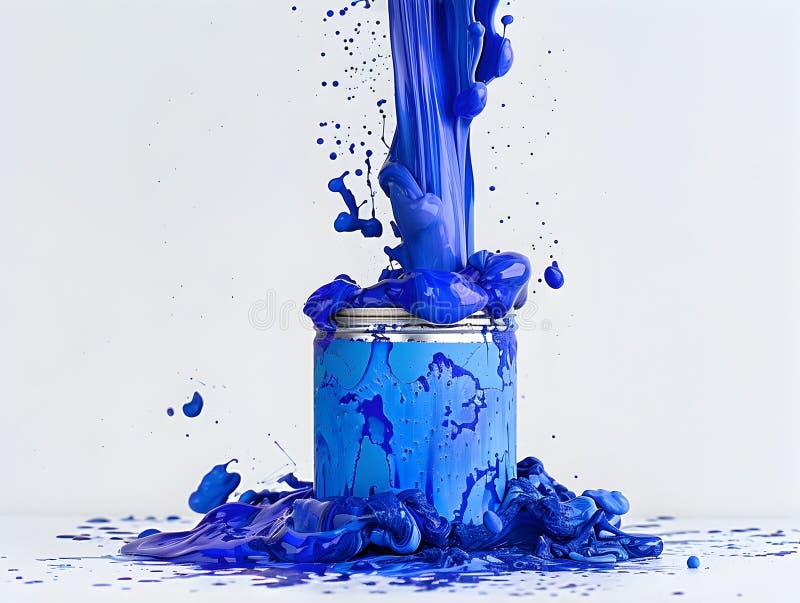 Vibrant Azure Paint Can Pouring Dynamic Ink Splash on Clean White ...