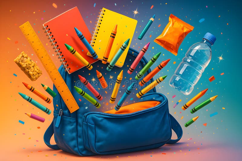 Vibrant Back To School Backpack with Crayons and Snacks Explosion Stock ...
