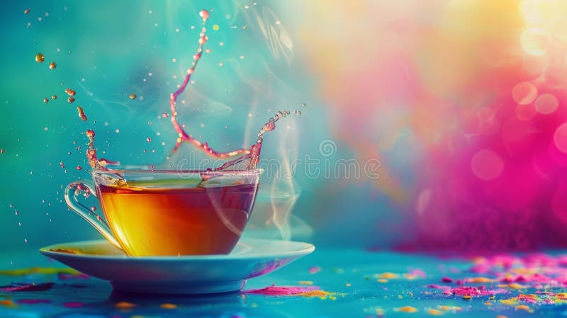 Vibrant Backdrop with a Spinning Cup of Tea in Motion Stock ...
