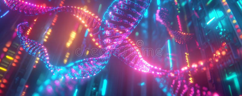 A Vibrant Background Featuring Multiple Glowing DNA Strands in Bright ...