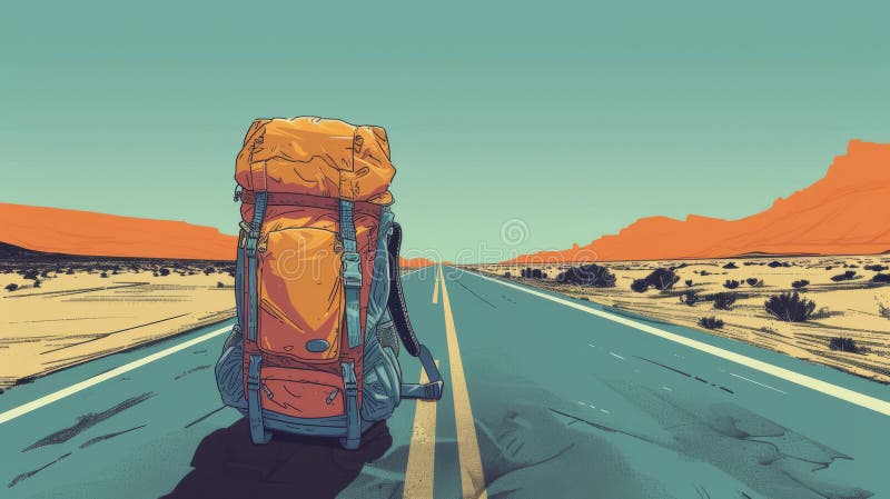Vibrant Backpack on an Endless Desert Road Stock Photo - Image of gear ...