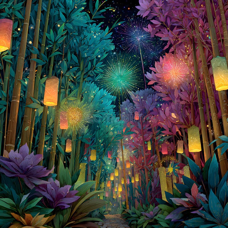 Vibrant Bamboo Forest Path Illuminated with Lanterns and Celebration ...
